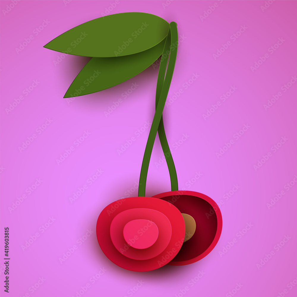 Cartoon whole and half cherry in modern geometric 3d paper cut style ...