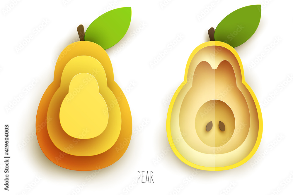 Cartoon whole and half pear in modern geometric 3d paper cut style ...