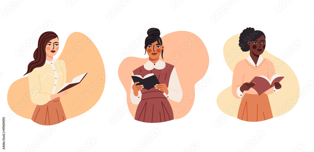 Cute women in elegant clothes reading book collection. Beautiful lady ...