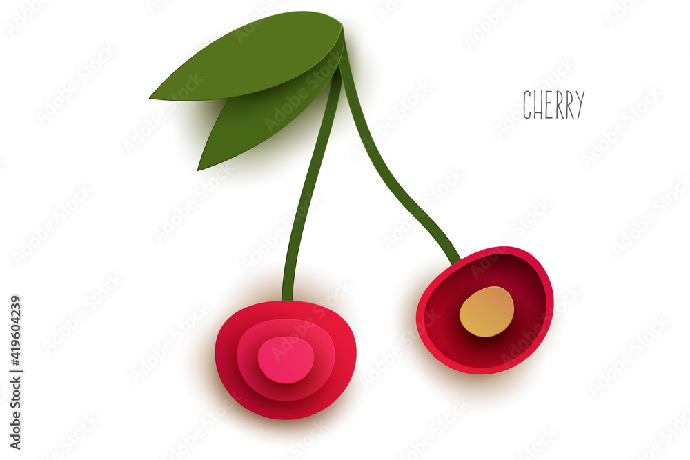 Cartoon whole and half cherry in modern geometric 3d paper cut style ...