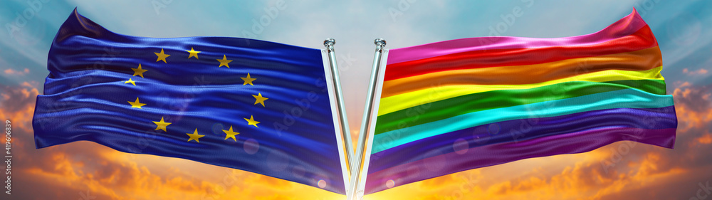 European Union Flag and Rainbow Flag waving with texture Blue sky could ...
