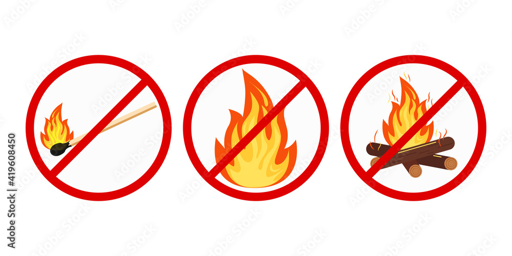 No bonfire or camping, no open fire sign set isolated on white ...