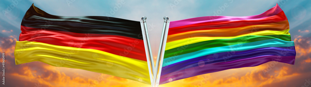 Germany Flag and Rainbow Flag waving with texture Blue sky could and ...
