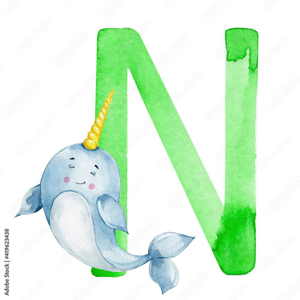 Cute cartoon narwhal and green letter "N"; watercolor hand drawn ...