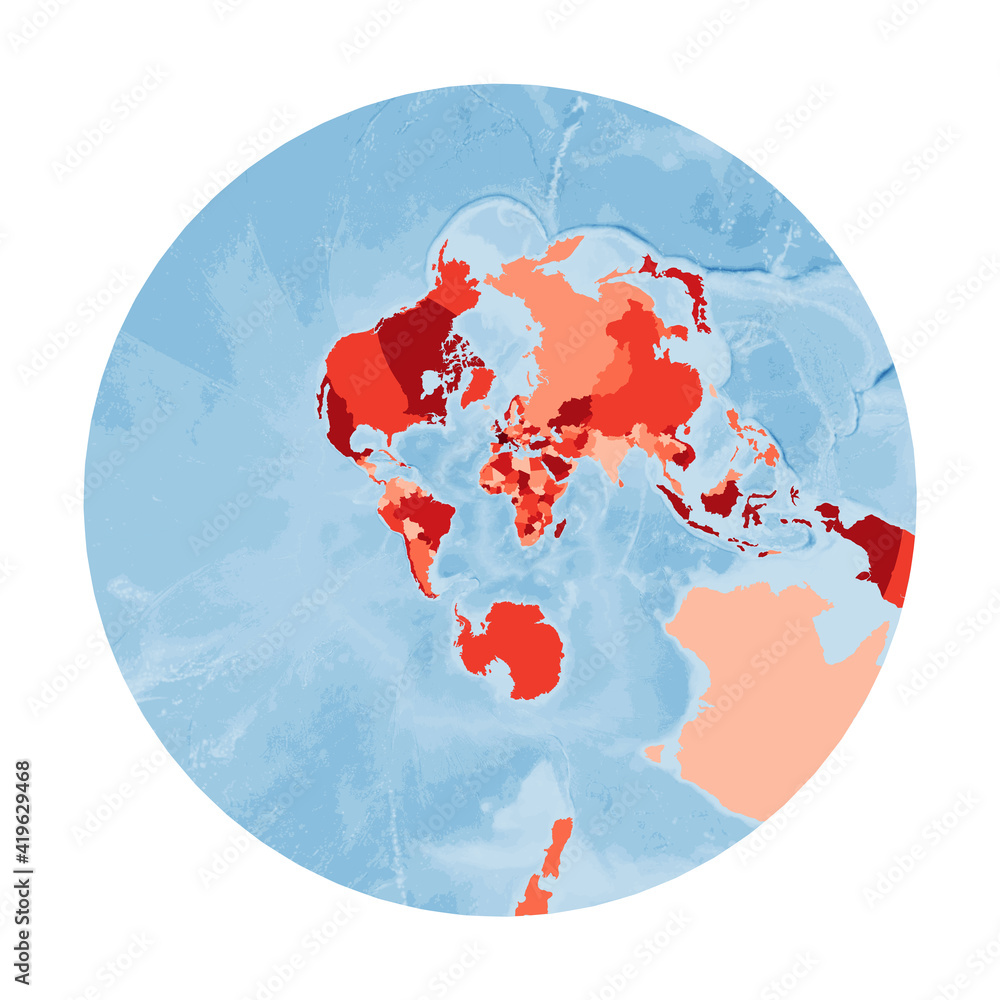 World Map. Stereographic. World in red colors with blue ocean. Vector ...