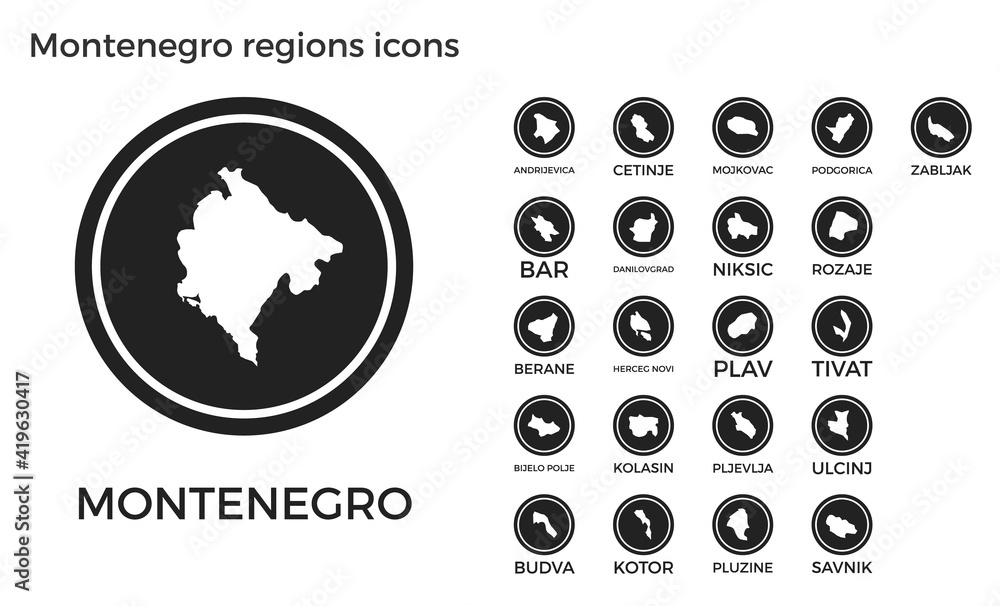 Montenegro regions icons. Black round logos with country regions maps ...