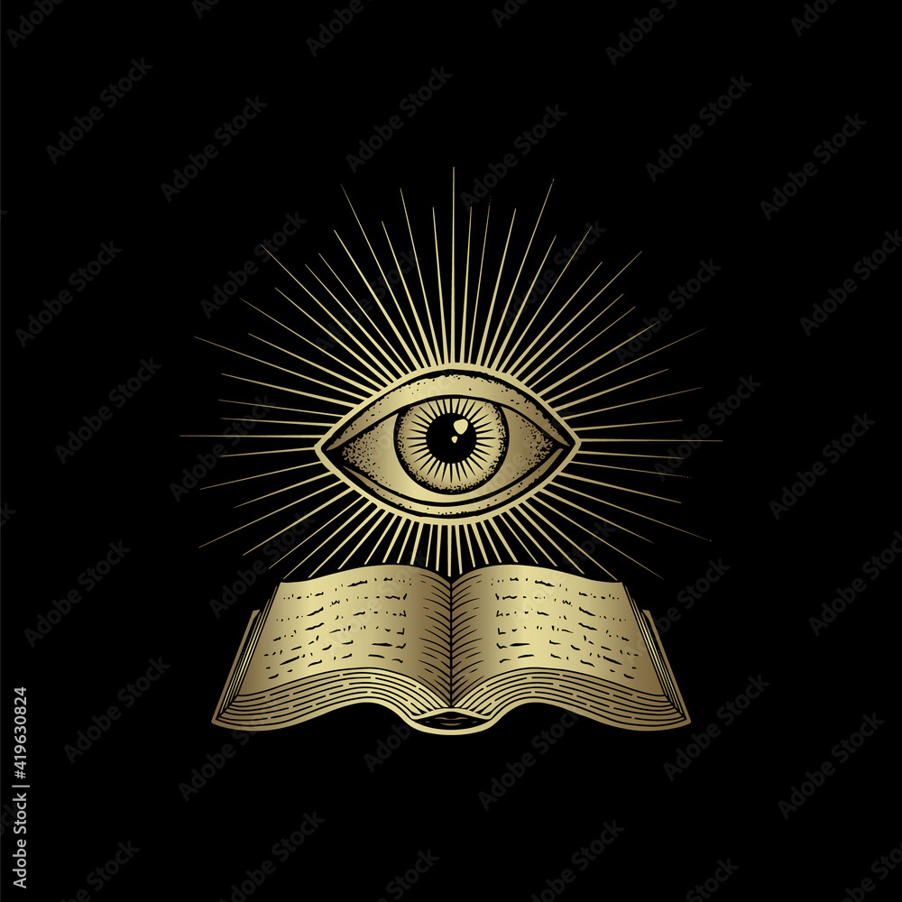 Ancient book and eye, one eye or third eye with engraving, luxury theme ...