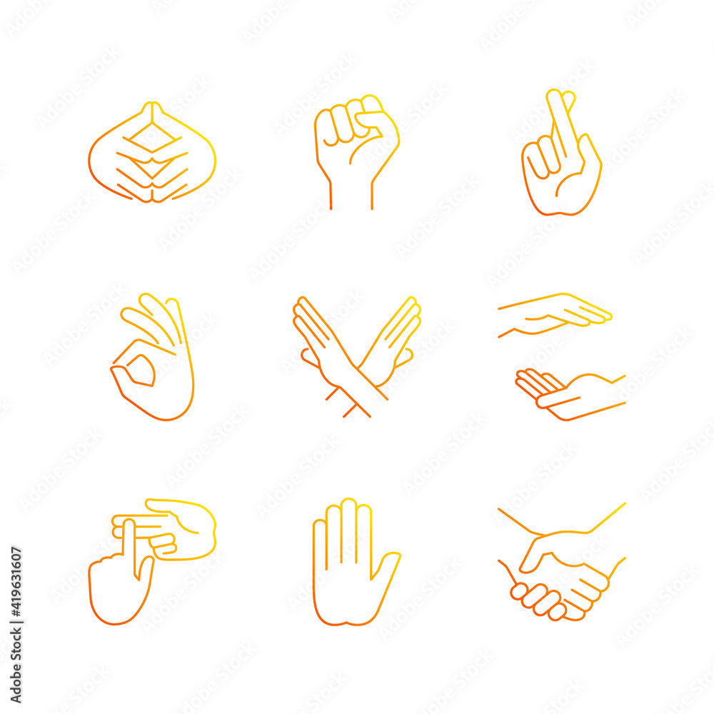 Hand gestures gradient linear vector icons set. One finger - Pointing ...