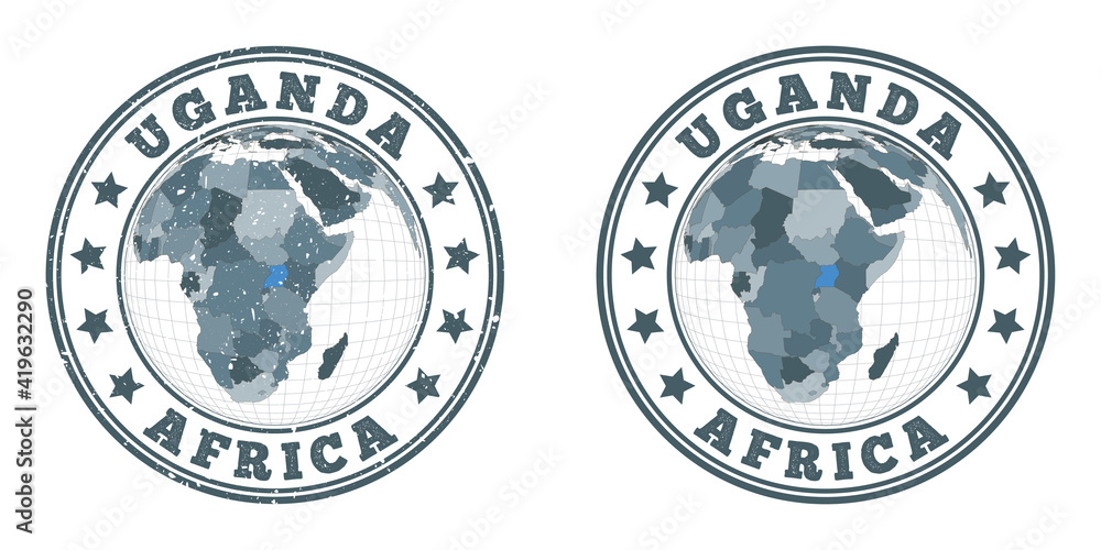 Uganda round logos. Circular badges of country with map of Uganda in ...