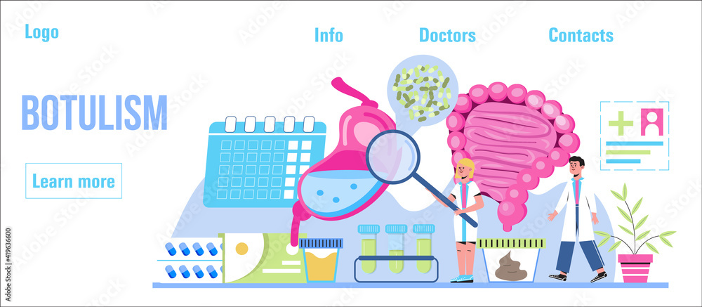 Vetor de Botulism concept vector. Tiny doctors treat stomach, intestine ...