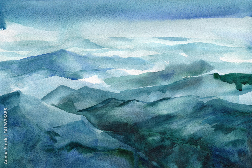 Watercolor blue landscape mountains, hand drawing Stock Illustration ...