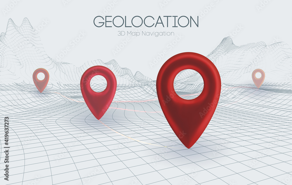 Wireframe landscape light background. 3d map navigation red pointers ...