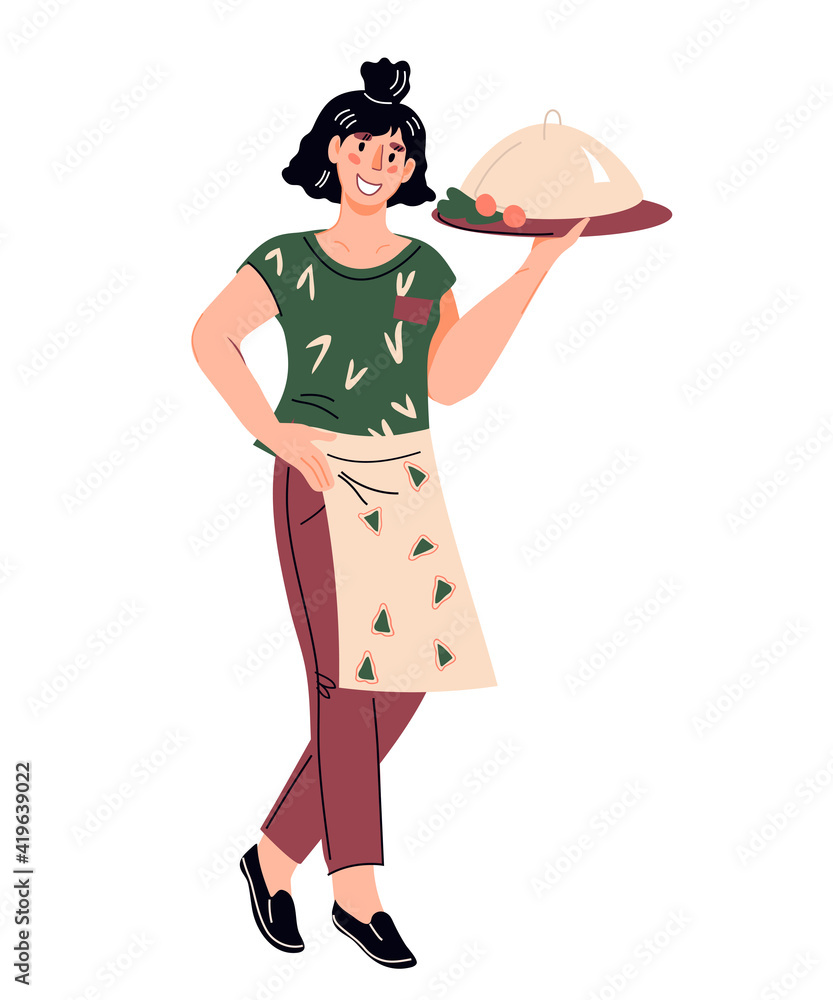 Waitress serving food in fast food restaurant or cafe, cartoon flat ...