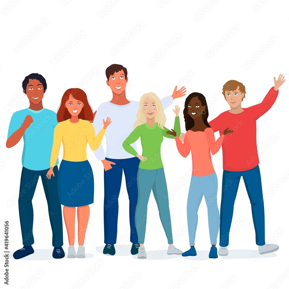 Multicultural students flat vector illustration. Young girls and boys ...