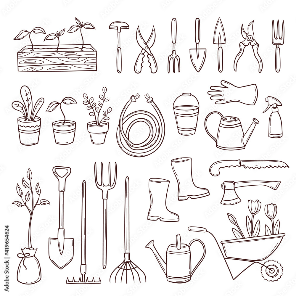Set gardening items in doodle hand drawn style. Various agricultural ...