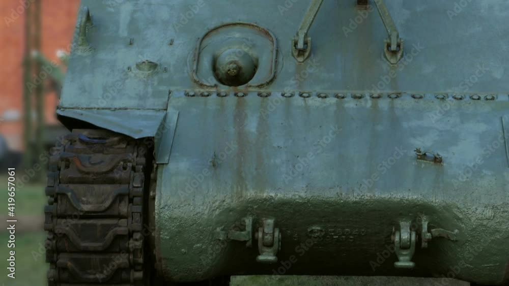 huge cannon heavy American tank Sherman front view, fought in World War ...