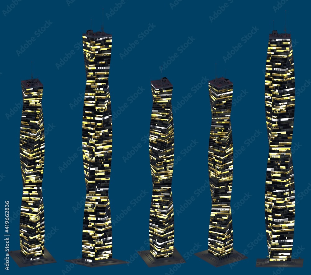 modern fictional towers at night time with lights turned on, isolated ...