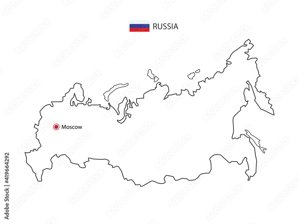 Hand draw thin black line vector of Russia Map with capital city Moscow ...