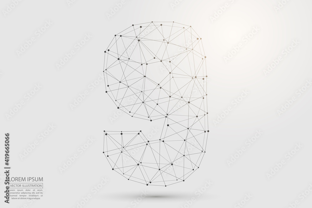 Abstract number nine, figure 9, consisting of triangles, circles, spots ...