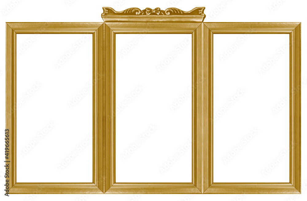 Triple golden frame (triptych) for paintings, mirrors or photos isolated on white background ...