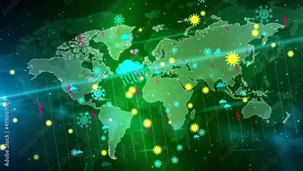 Weather symbols and icons on digital world map loopable and seamless 3d ...