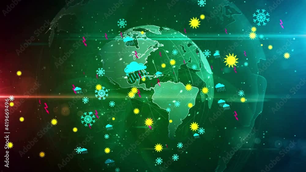 Vidéo Stock Weather symbols and icons around rotating digital globe ...