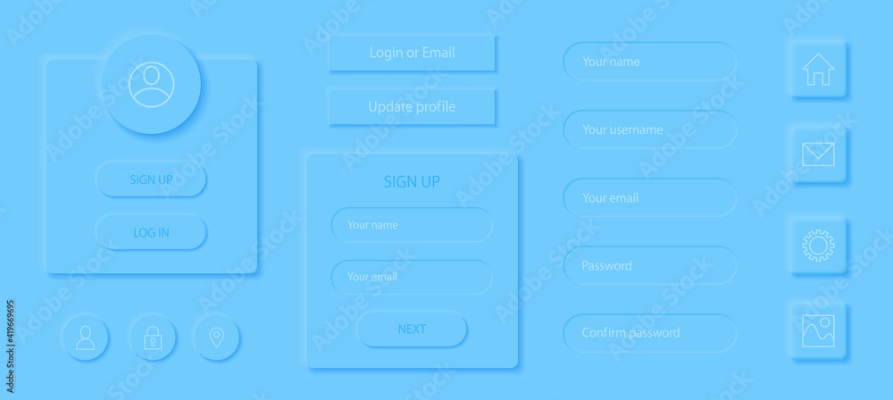 Neumorphism sign up and log in user page. Registration interface ...
