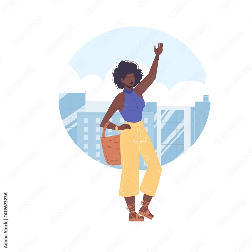 Vector cartoon flat character woman happy greeting,waving hand on city ...