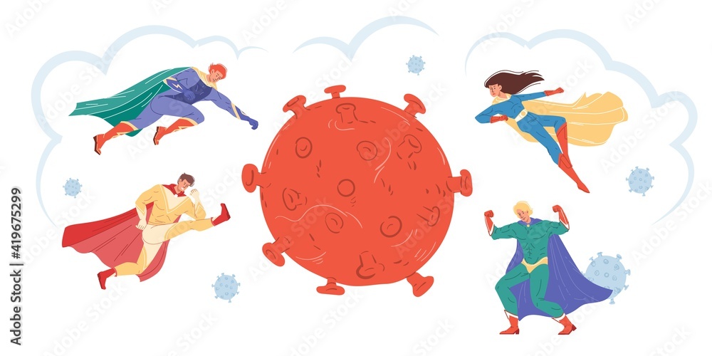Vector cartoon flat superhero characters fight coronavirus,protecting ...