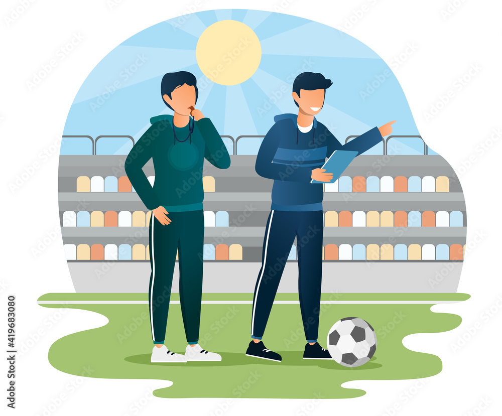 Male soccer coach pointing finger giving instructions to players with ...