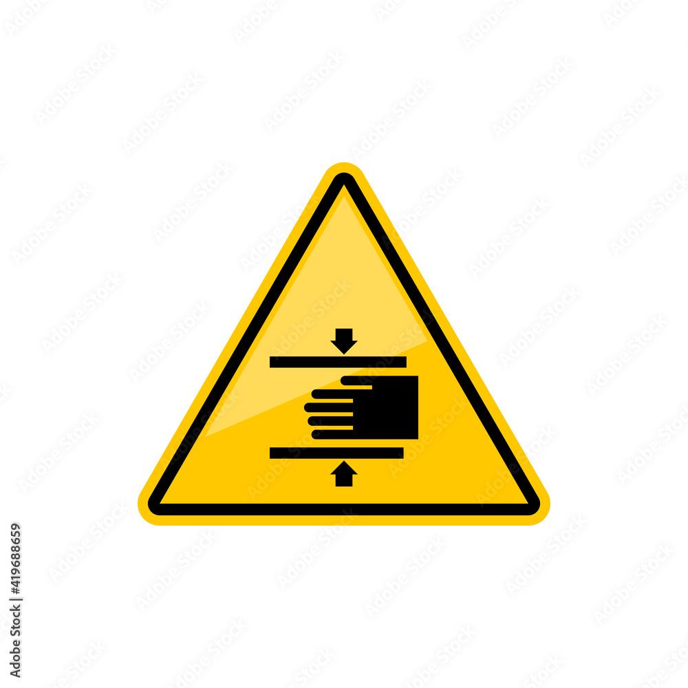 Beware crushing hand in machine warning accident sign isolated yellow ...