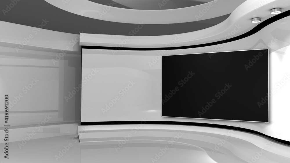 White Studio. Screen on wall. White background. White back drop. 3d ...