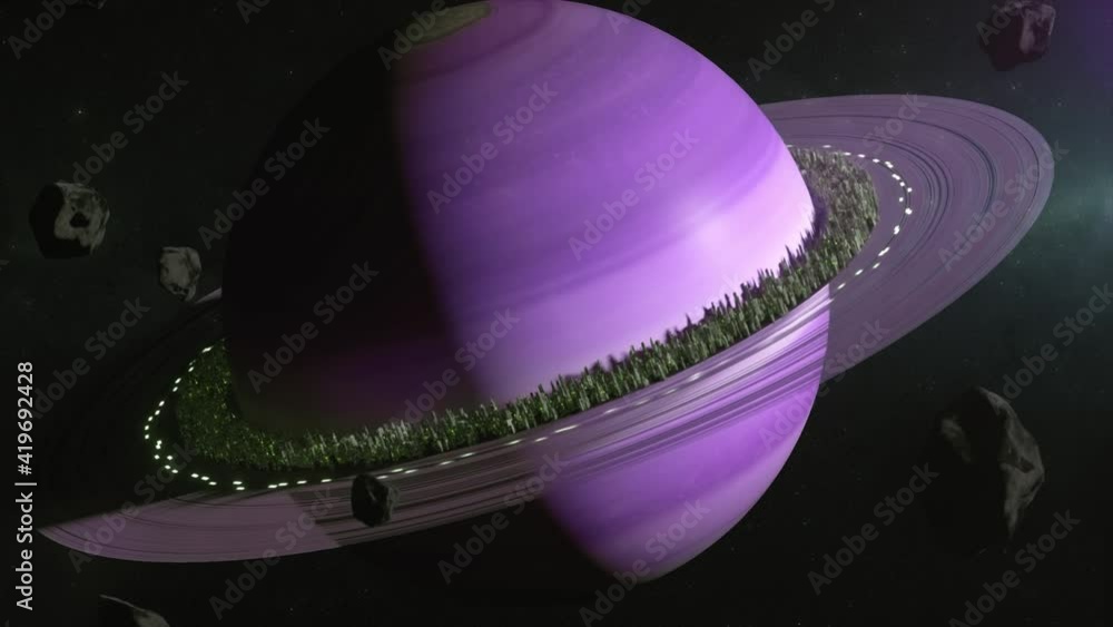 Planet Saturn in outer space. City located along the rings of Saturn, the concept of the ...