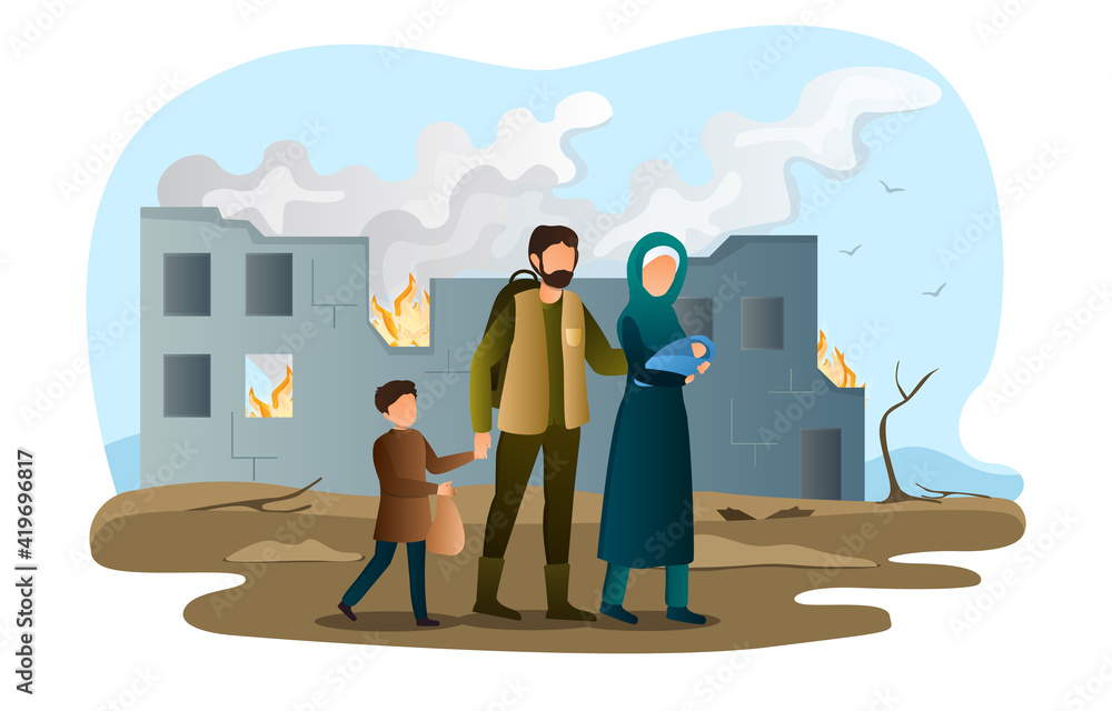 Refugee family is leaving home set on fire. Poor family wandering ...