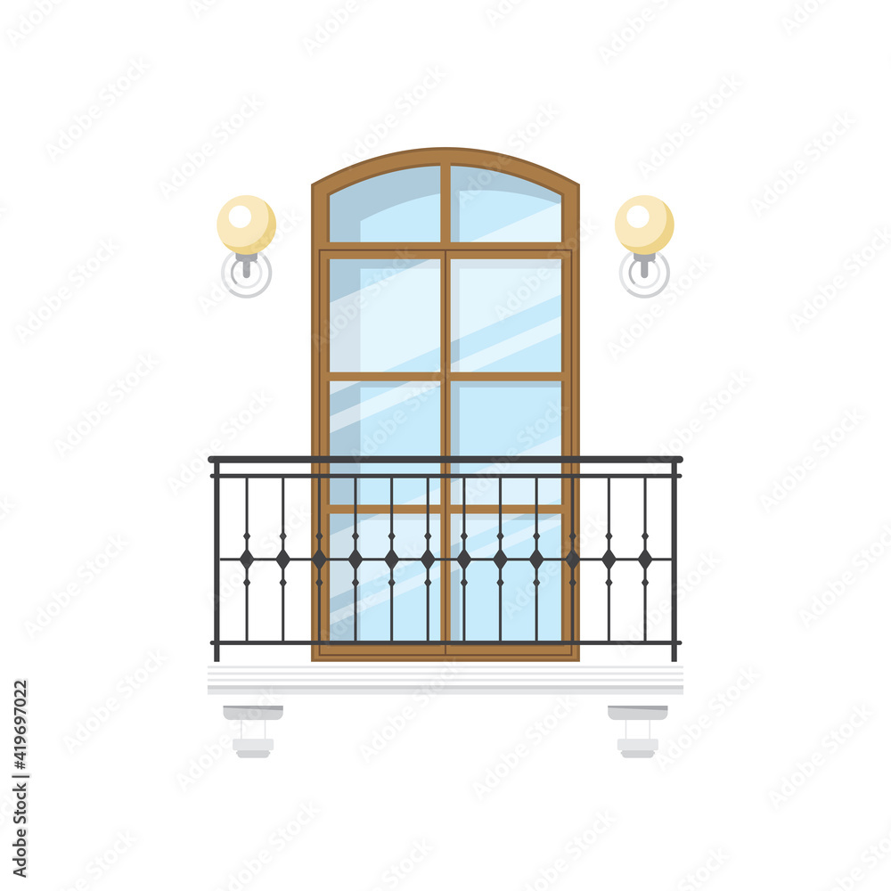 Retro balcony with metal fence and wall lamps isolated. Vector house ...