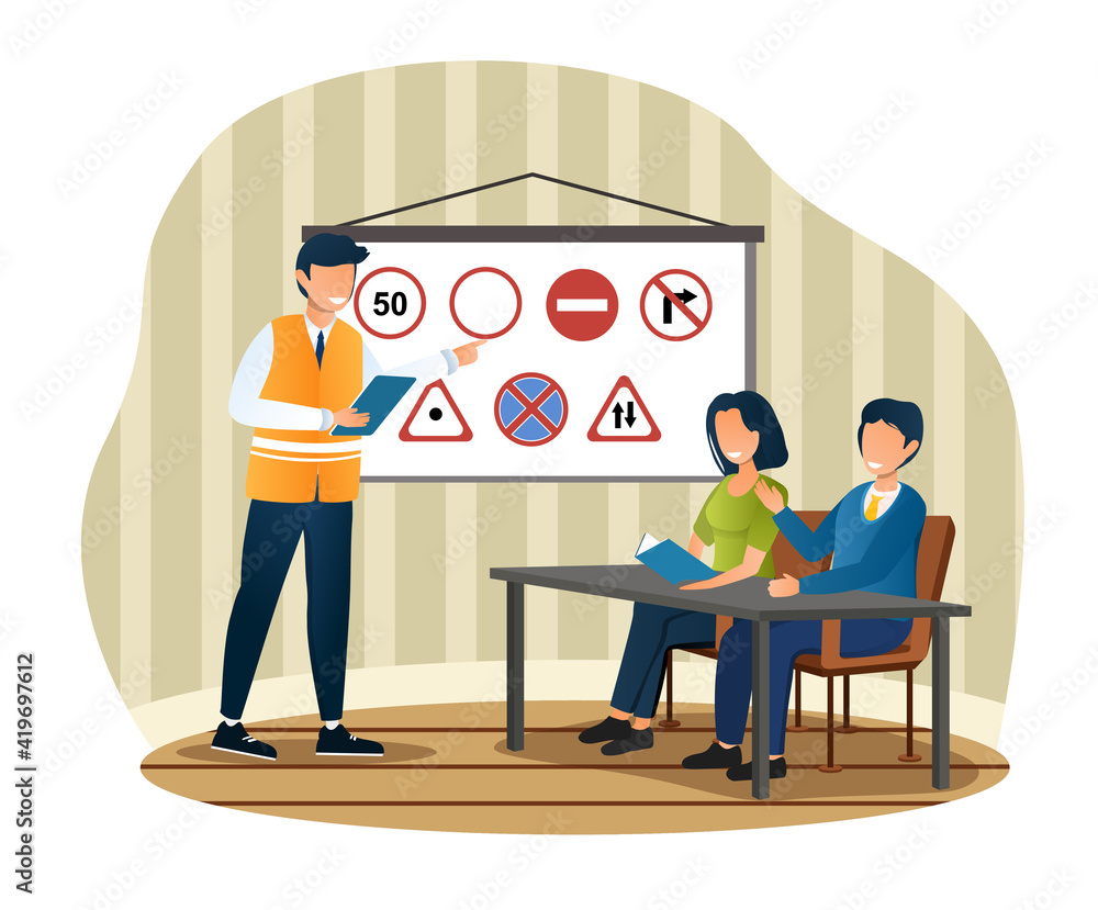 Male and female characters are studying in driving school. Male teacher ...