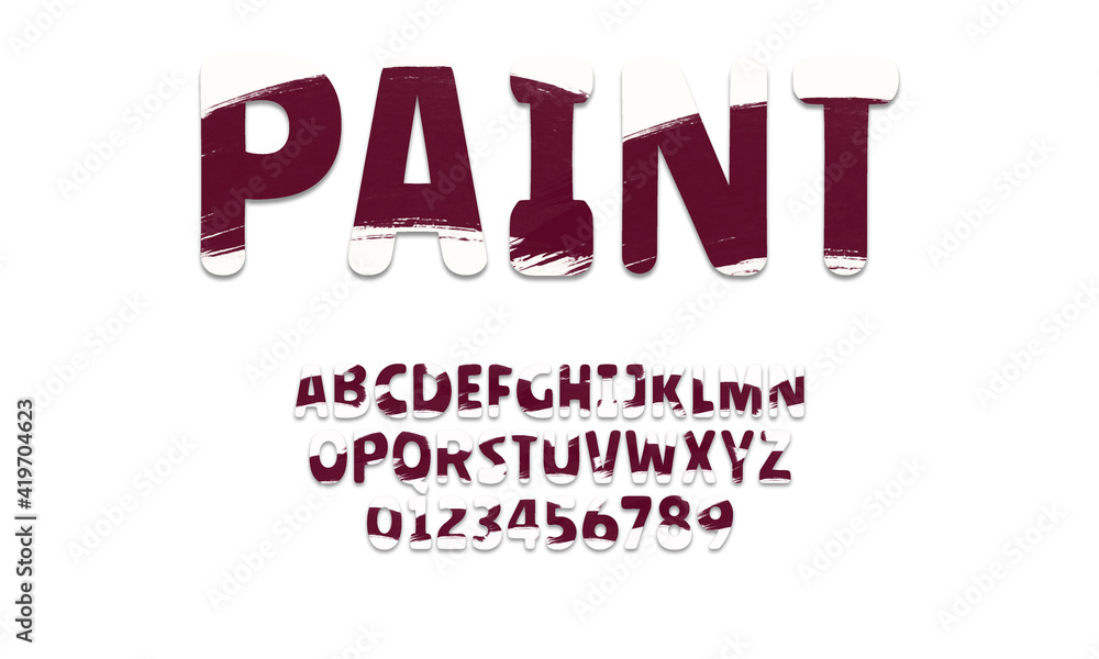 Red paint alphabet and numbers, bold typeface, letter set with brush ...