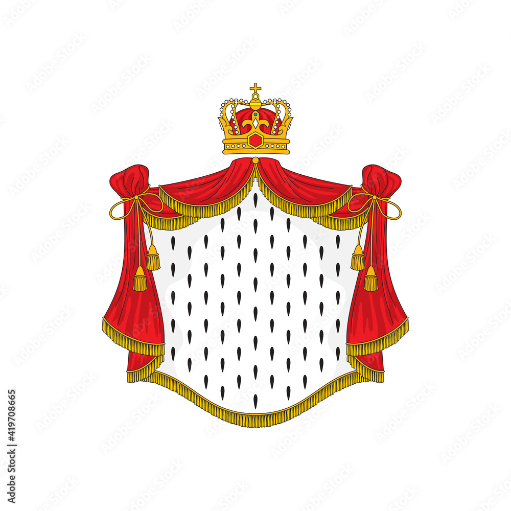 Heraldic background with red ermine royal mantle and crown isolated ...