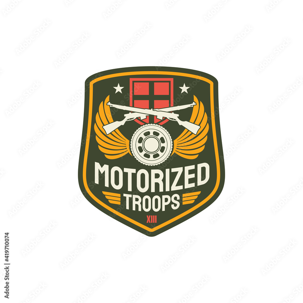 Motorized rifle troops carrying combat mission isolated army insignia ...