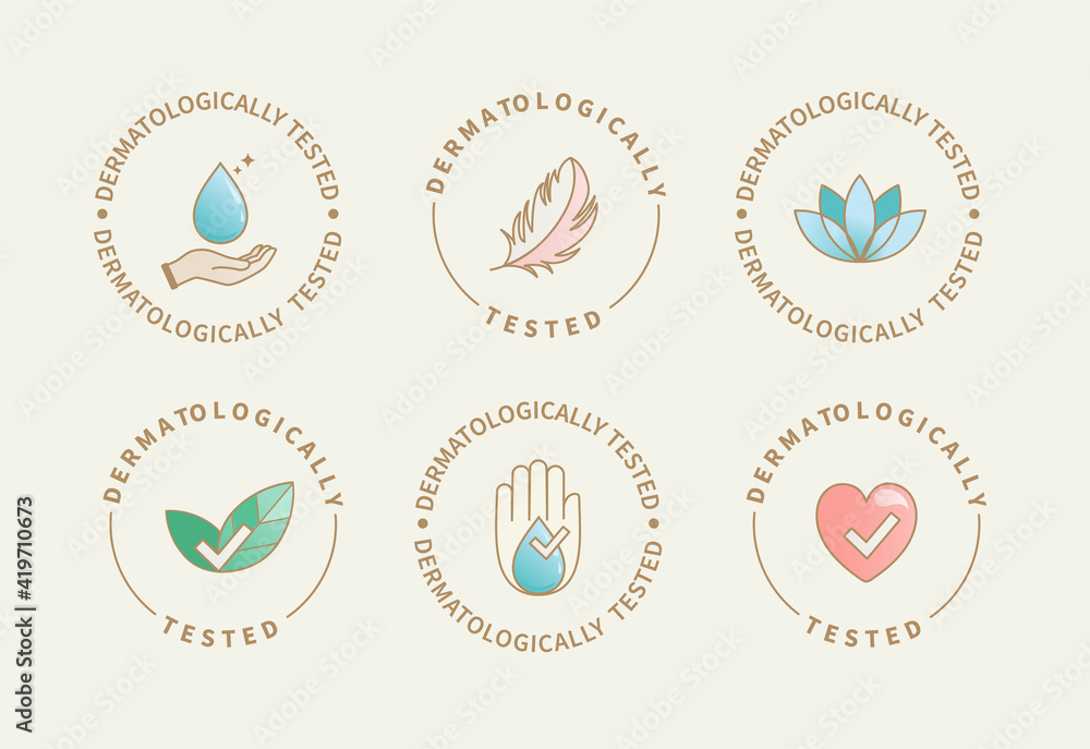 Dermatologically tested icons,label with hand,water drop, leaf and ...