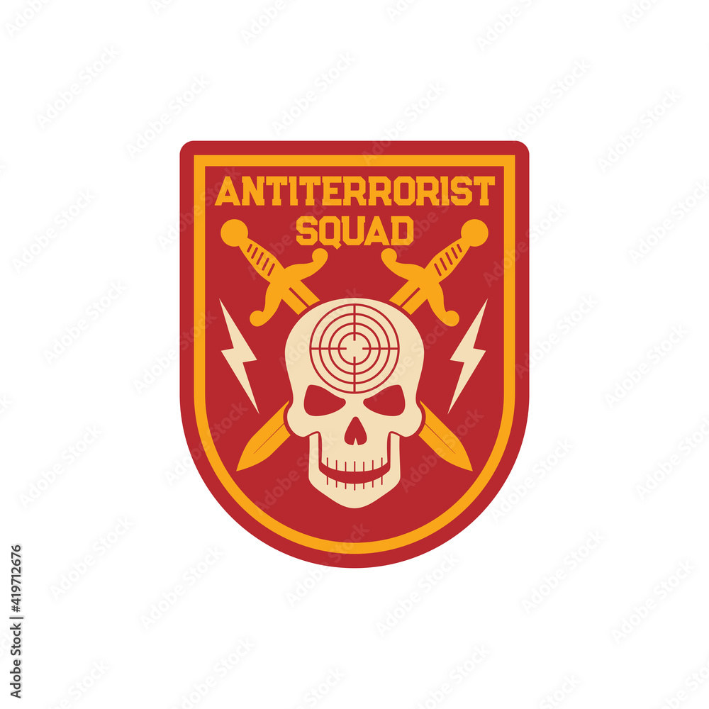 Military anti terrorist squad patch on uniform with crossed swords ...