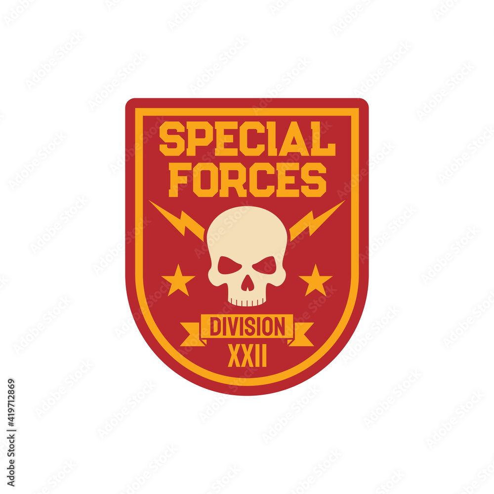 Military squad patch on uniform with dead officer skull isolated ...