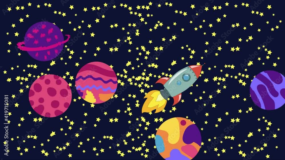 Cartoon Space. Cartoon rocket flies in outer space past the suspended ...