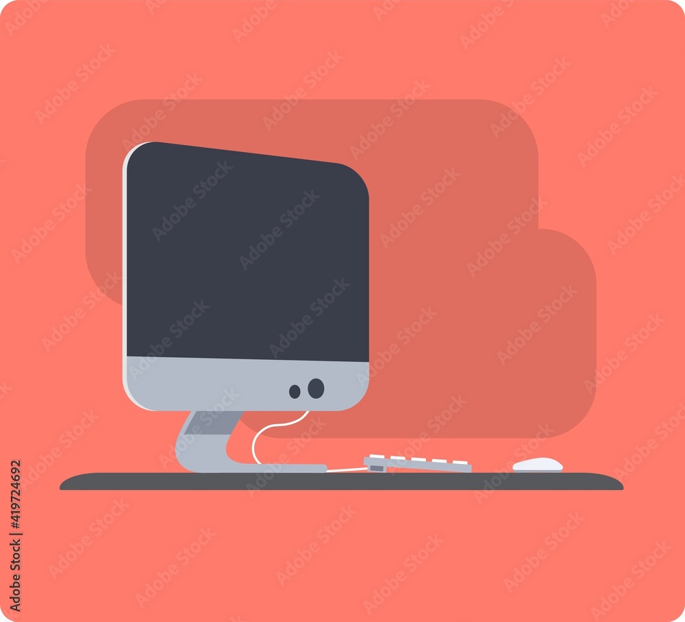 Computer monoblock, keyboard and mouse. Stylized vector illustration of ...