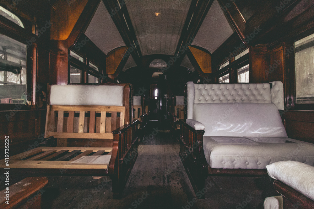 Trains with graffiti, the interior of trains, broken windows, spooky ...