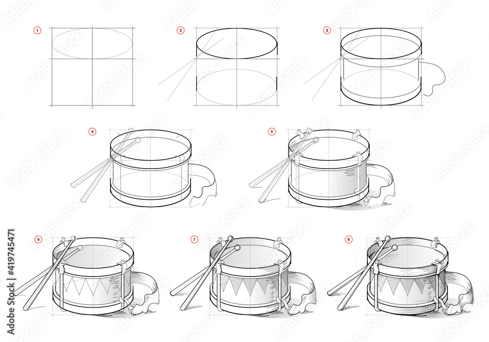 Page shows how to learn to draw sketch of drum. Creation step by step ...