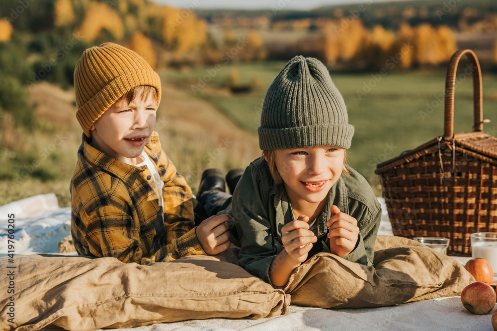 two boys on a picnic. brothers have fun, play lying on a blanket on the ...