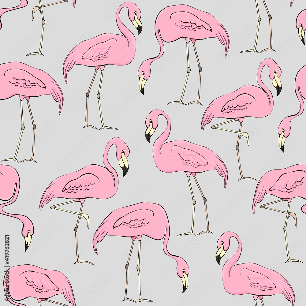 Flamingos on a background of tropical leaves and flowers. Seamless ...