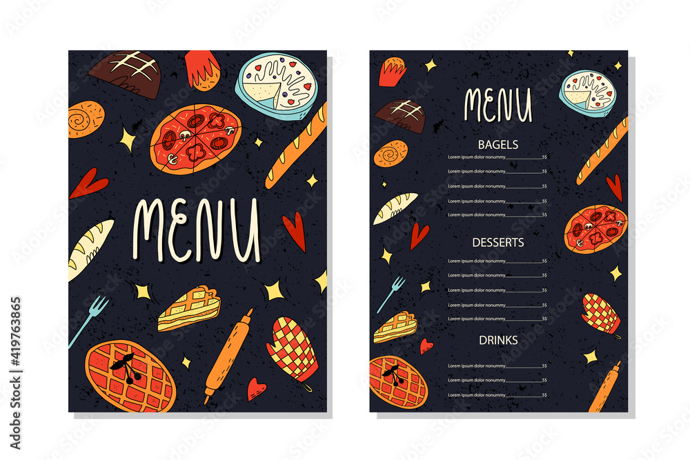 Doodle restaurant, cafe menu template. Various American, Belgian ...
