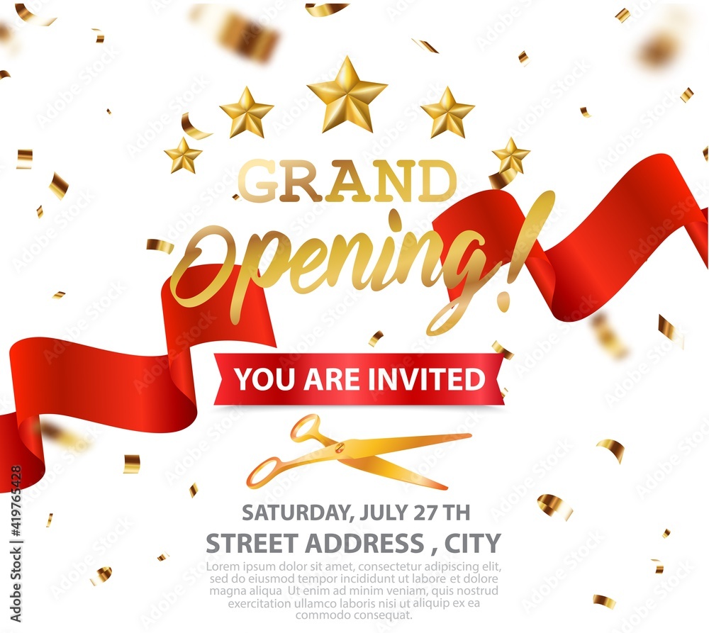 Grand opening card design with gold ribbon and confetti Stock Vector ...